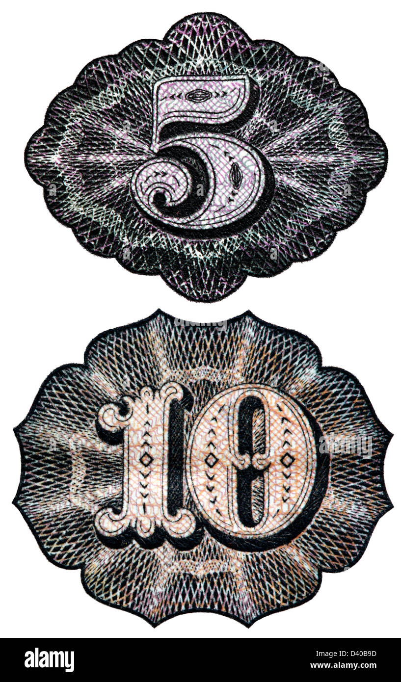 Numbers 5 and 10 from 5 and 10 Sucres banknotes, Ecuador Stock Photo ...