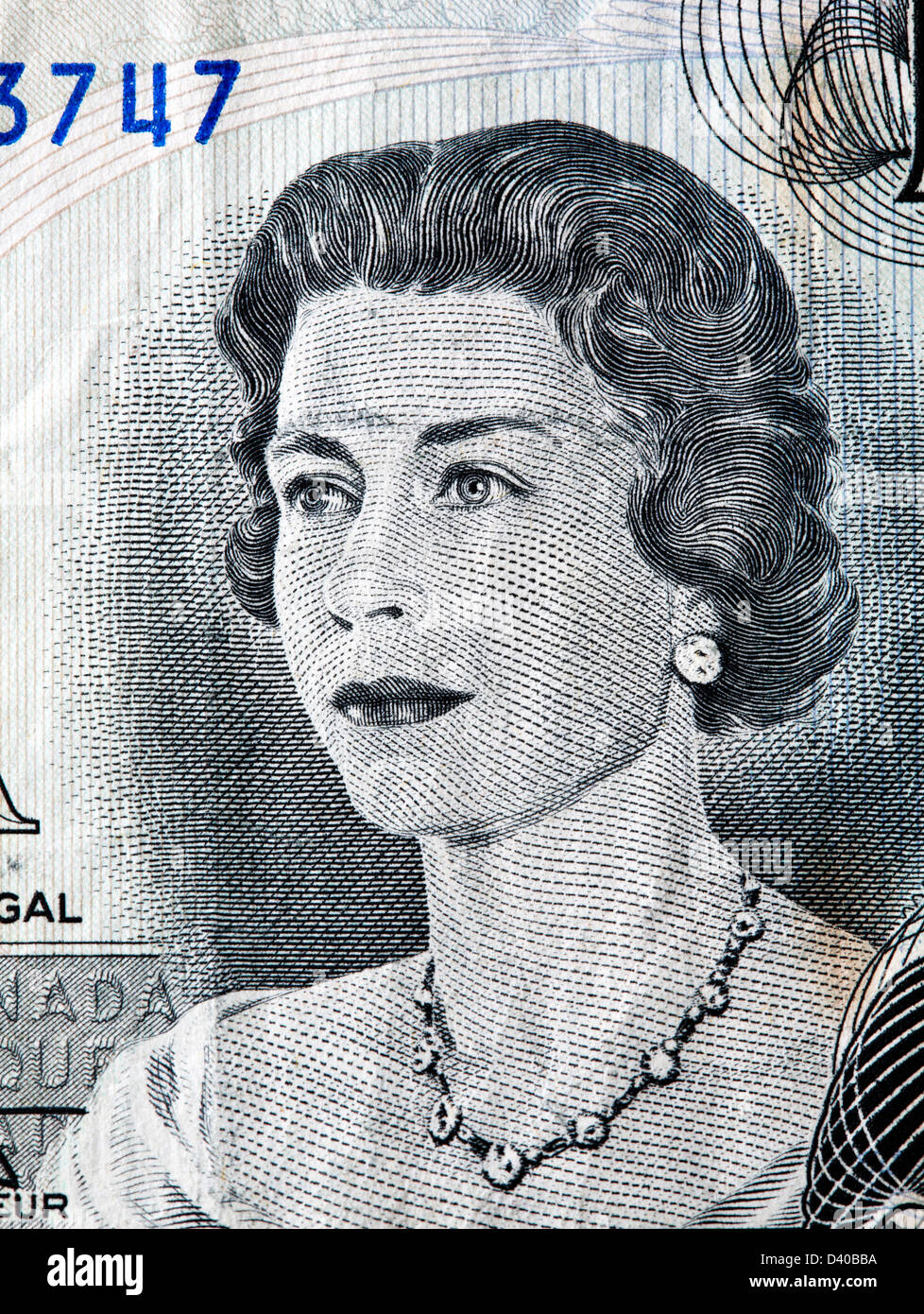 Portrait of Queen Elizabeth II from 1 Dollar banknote, Canada, 1973 ...