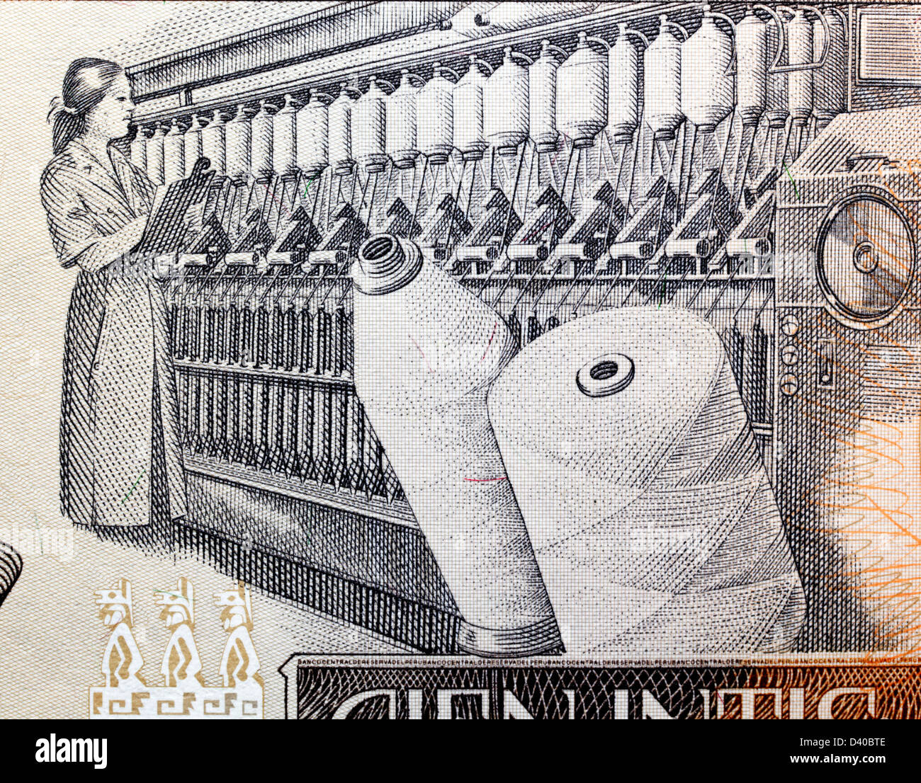 Women workers at factory cotton spinning frame from 100 Intis banknote ...