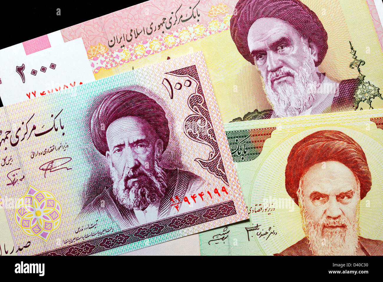Iranian banknotes of different denominations (100, 1000, 2000 Rials ...