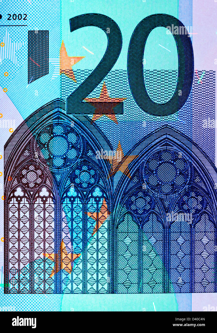 20 Euro banknote, Gothic architecture, 2002 under UV light Stock Photo ...