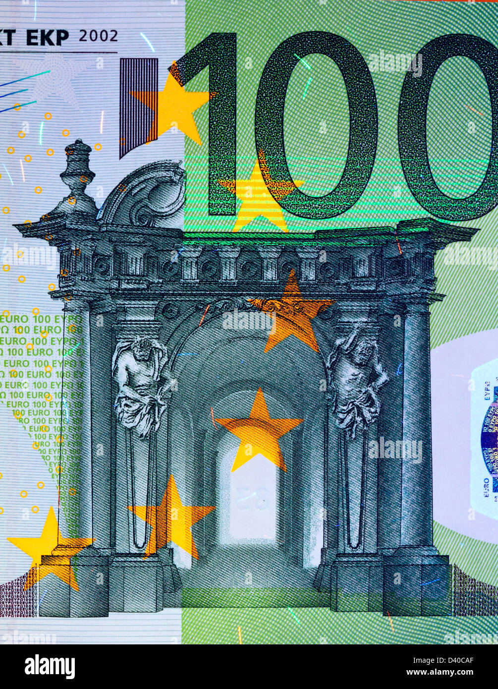100 Euro banknote, Baroque and Rococo architecture, 2002 under UV light ...