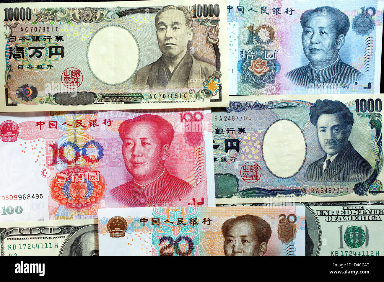 Mosaic made of Yuan, Yen and US Dollars banknotes Stock Photo - Alamy