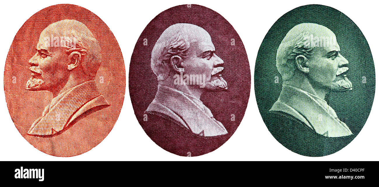 Portraits of Vladimir Lenin from 10, 25 and 50 Rubles banknotes, on ...