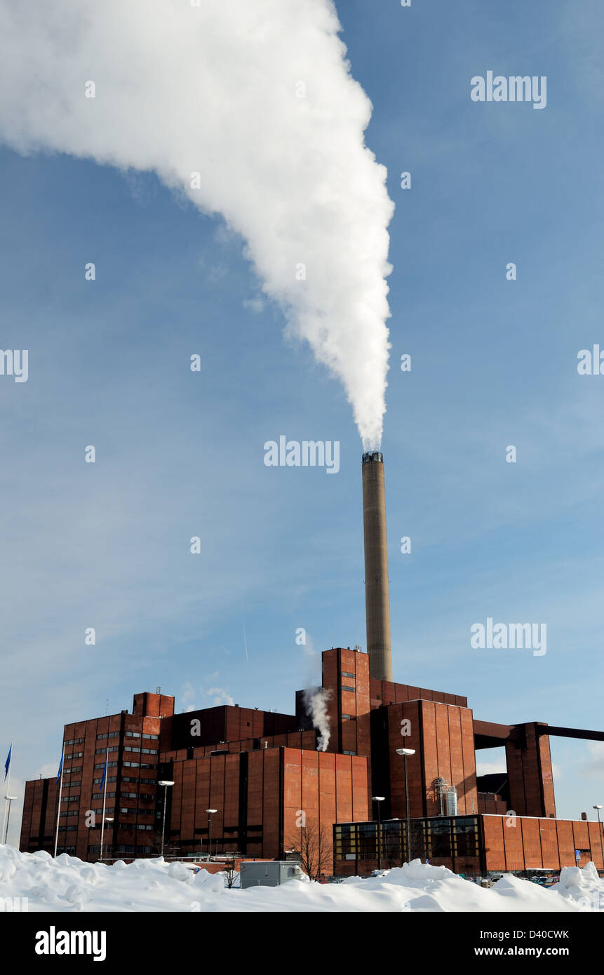 power station in winter, steam from stack against blue sky Stock Photo ...