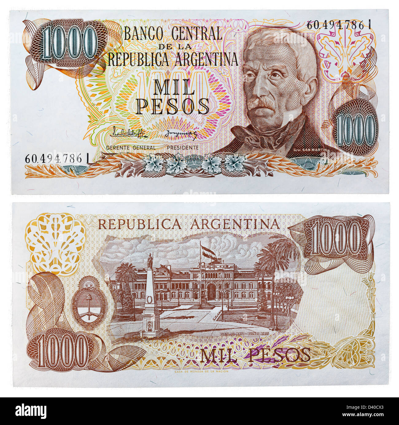1000 pesos banknote (General Jose de San Martin and Plaza de Mayo in ...