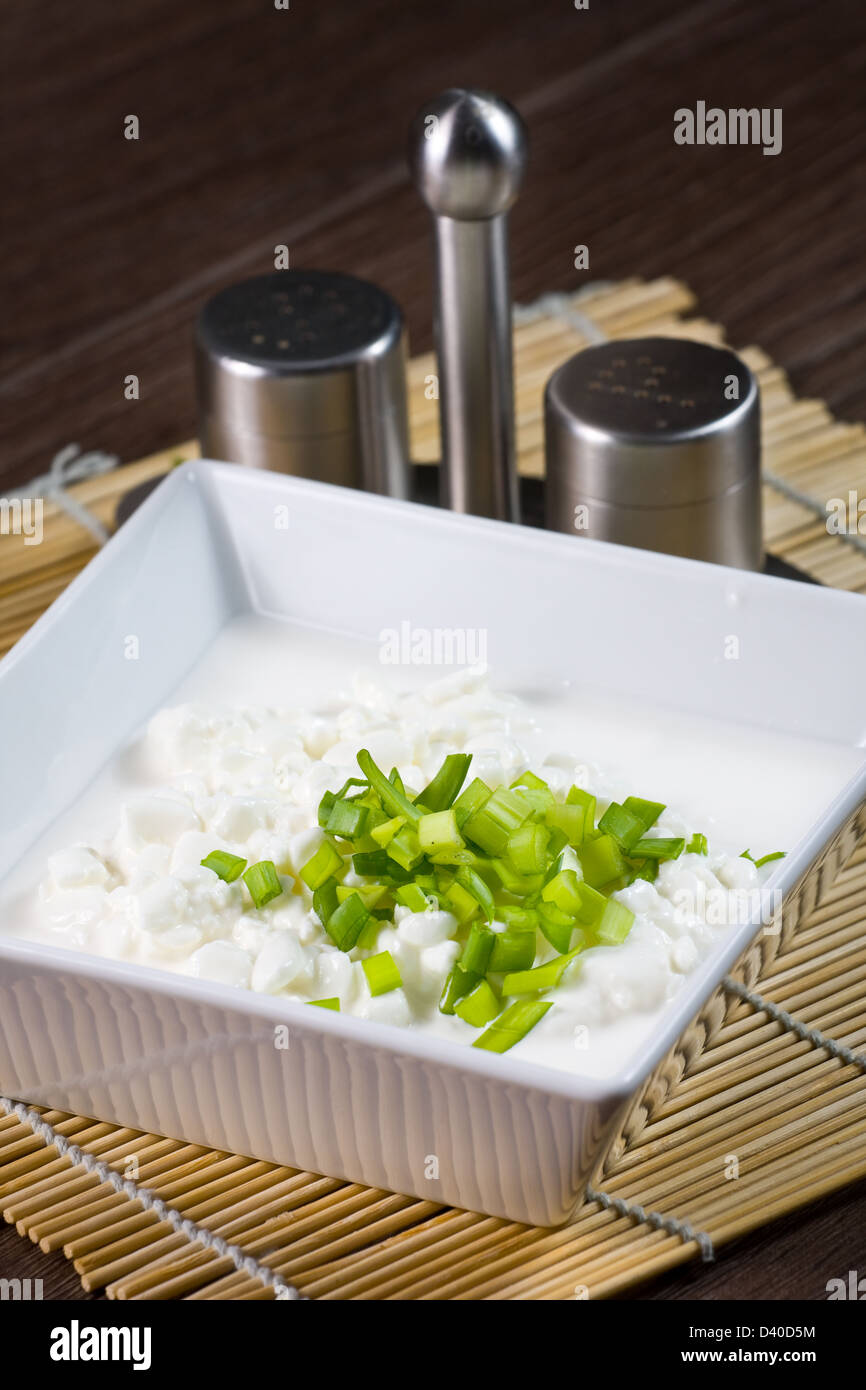 Bowl with fresh cottage cheese and chives Stock Photo - Alamy