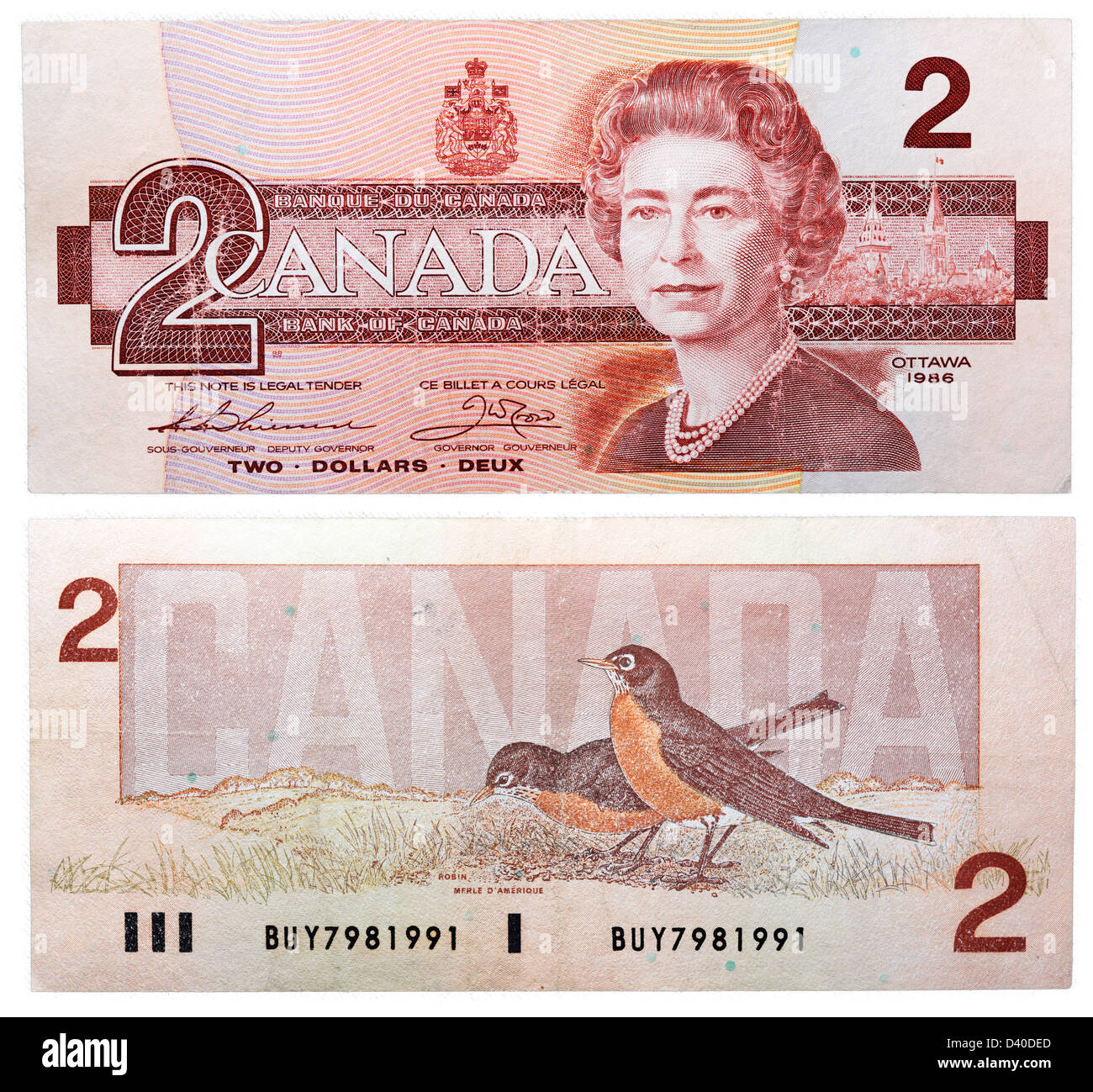 2 Dollars banknote, Queen Elizabeth II and robins, Canada, 1986 Stock ...