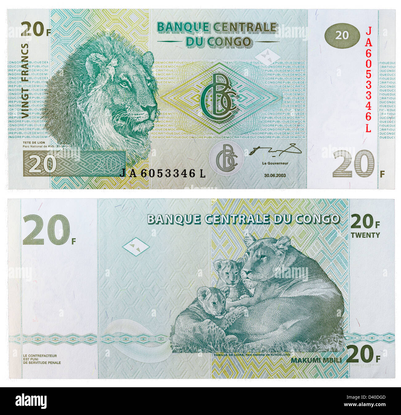 20 Francs banknote, Lions, Congo, 2003 Stock Photo - Alamy