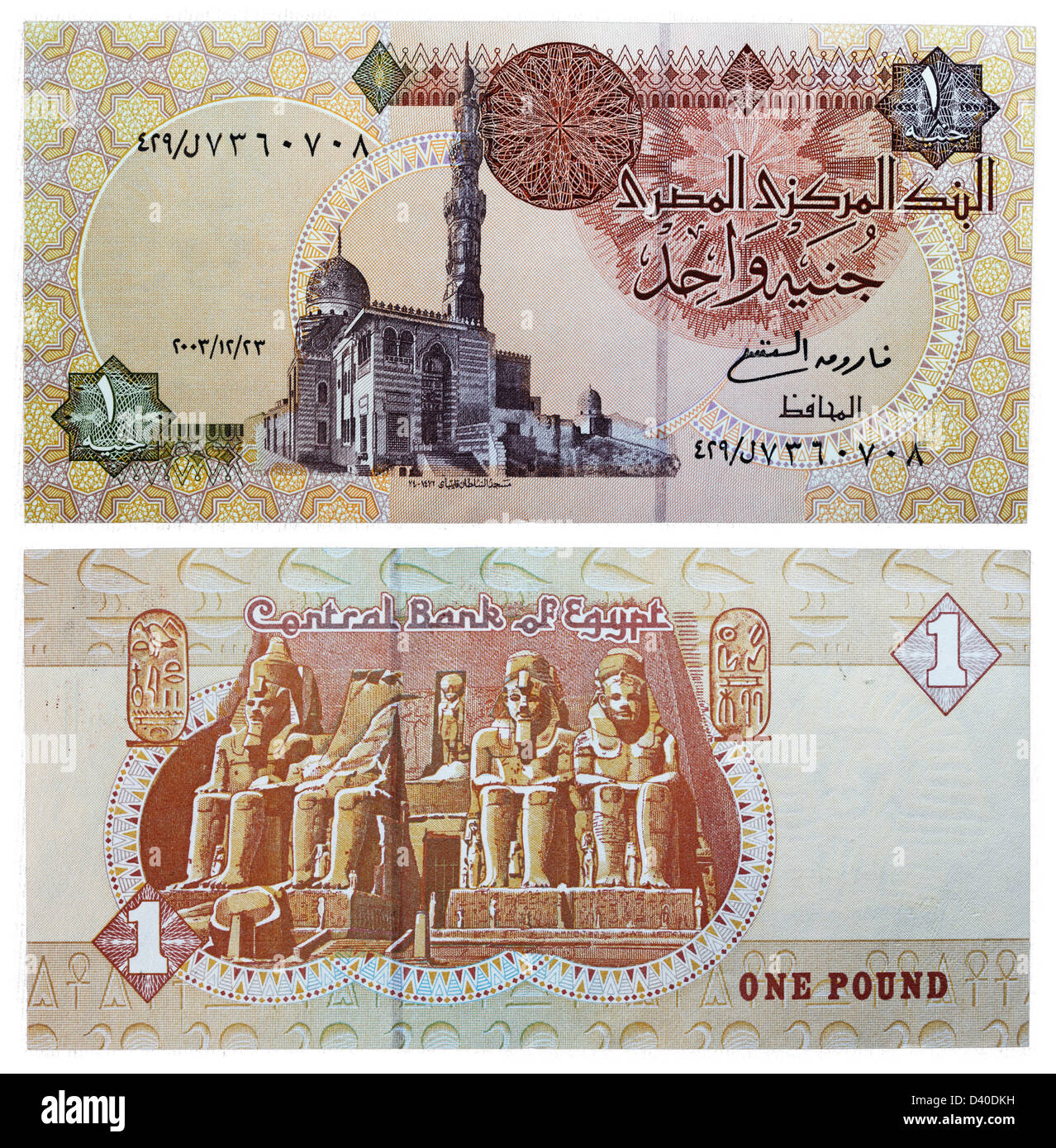 1 Pound, banknote, Sultan Qait Bay Mosque and statues of Abu Simbel ...