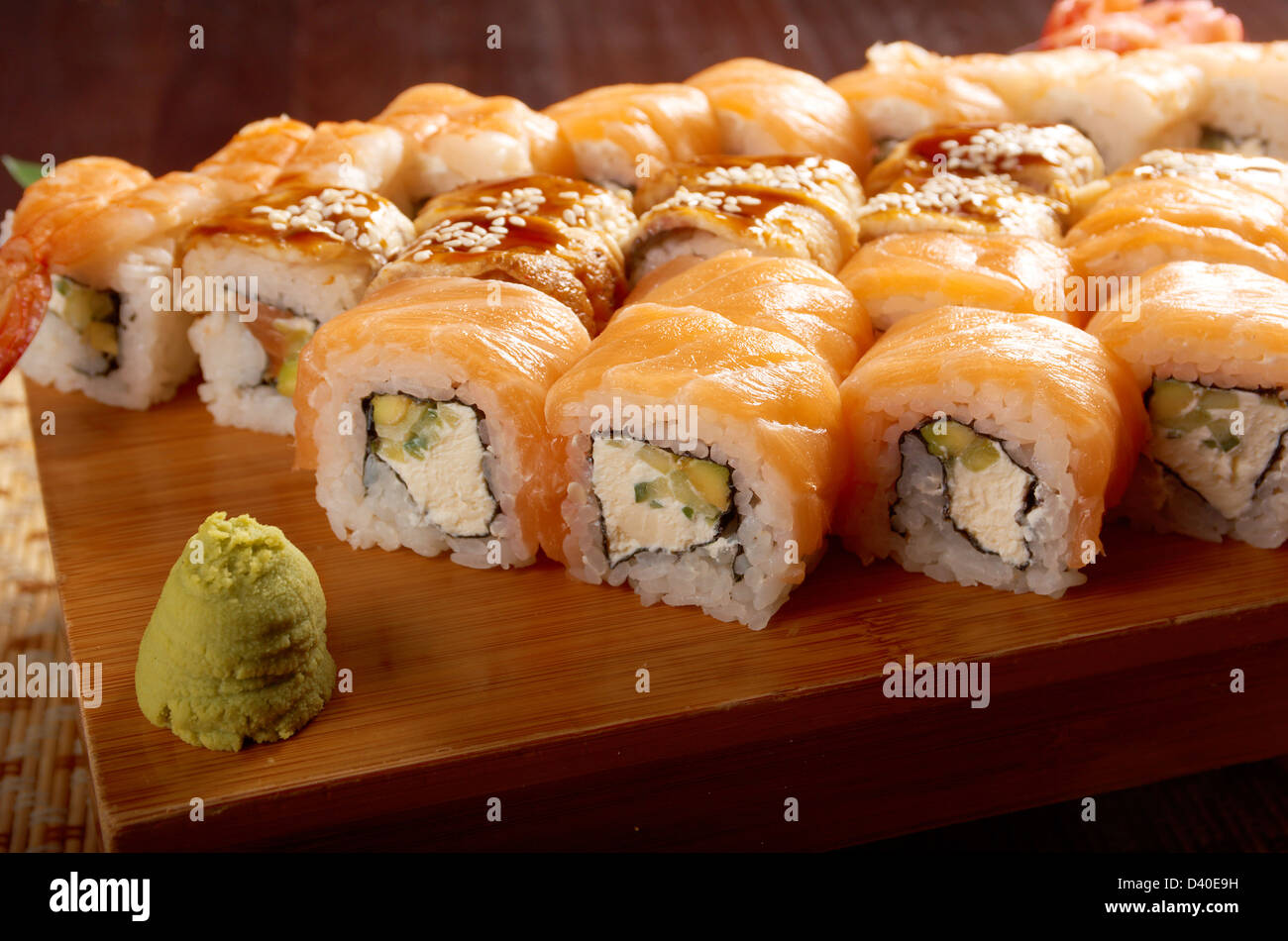 Japanese sushi traditional japanese food.Roll made of salmon Stock ...