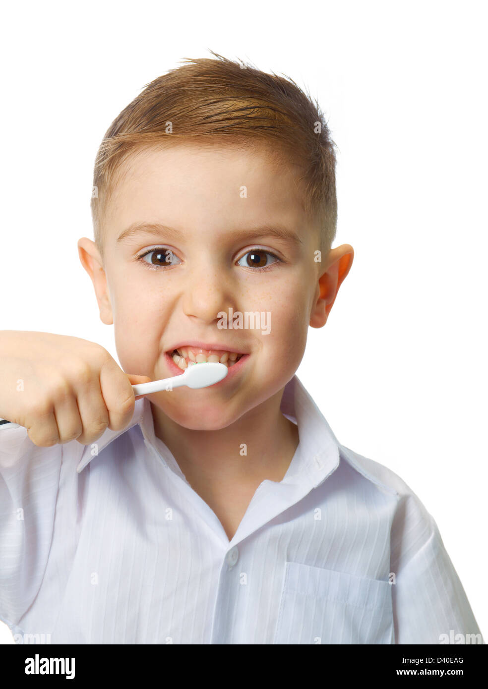 Little child with dental toothbrush brushing teeth.isolated on a white ...