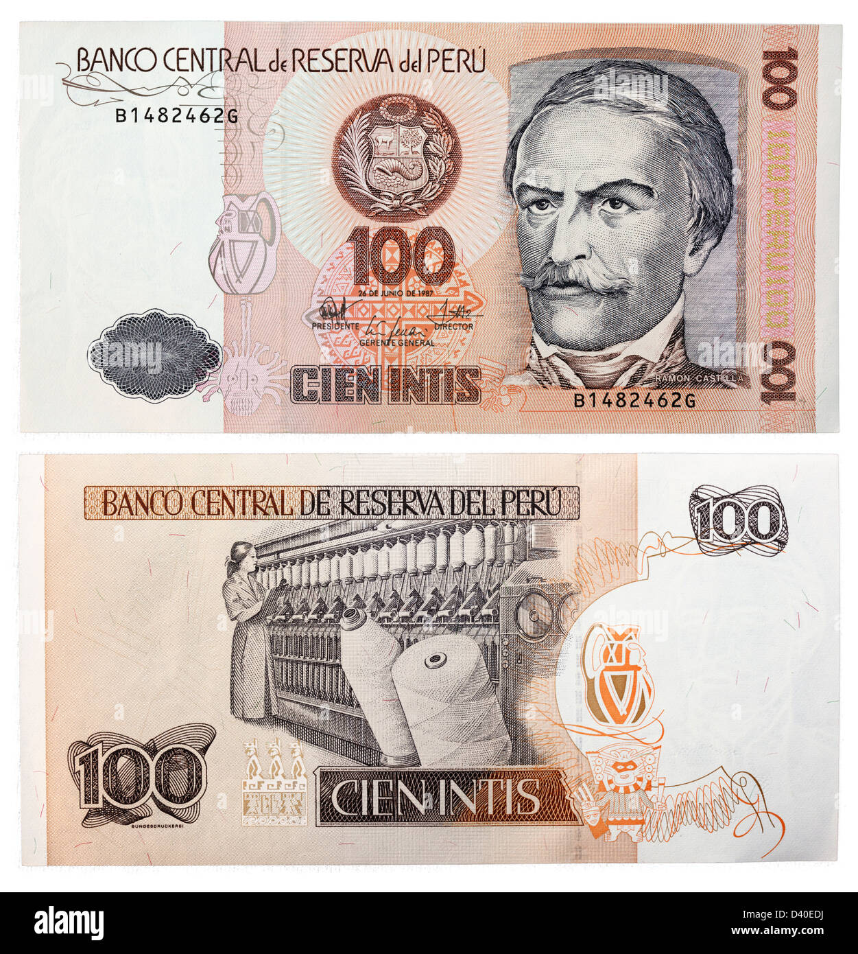 100 Intis banknote, Ramon Castilla and women workers at factory cotton ...