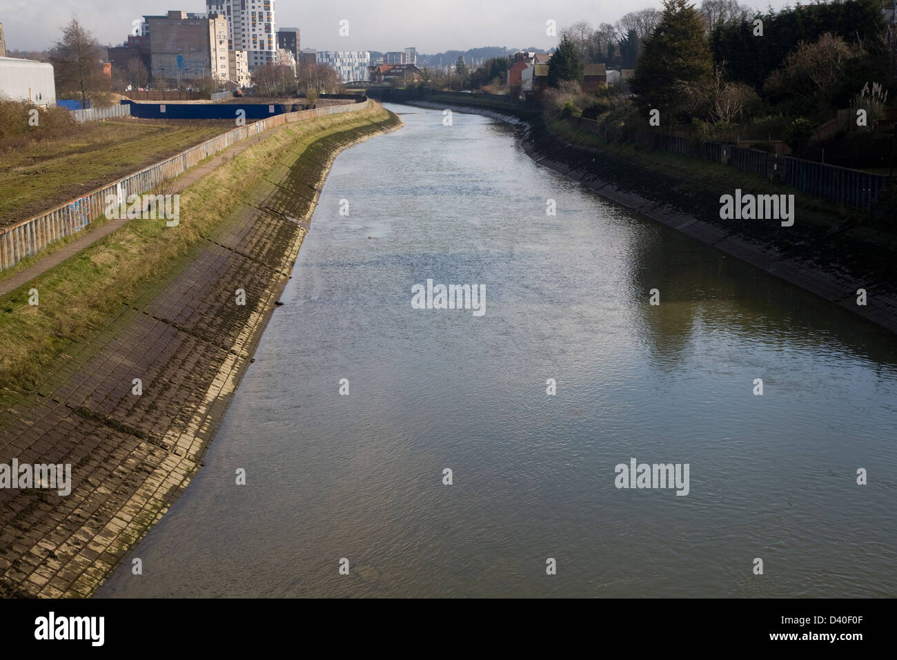 Concrete revetments reinforcing river banks to increase channel ...