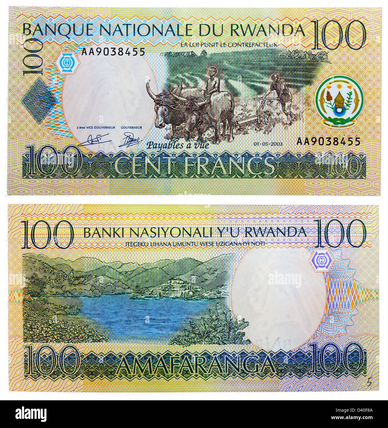 100 Francs banknote, farmer plowing, mountain and lake, Rwanda, 2003 ...