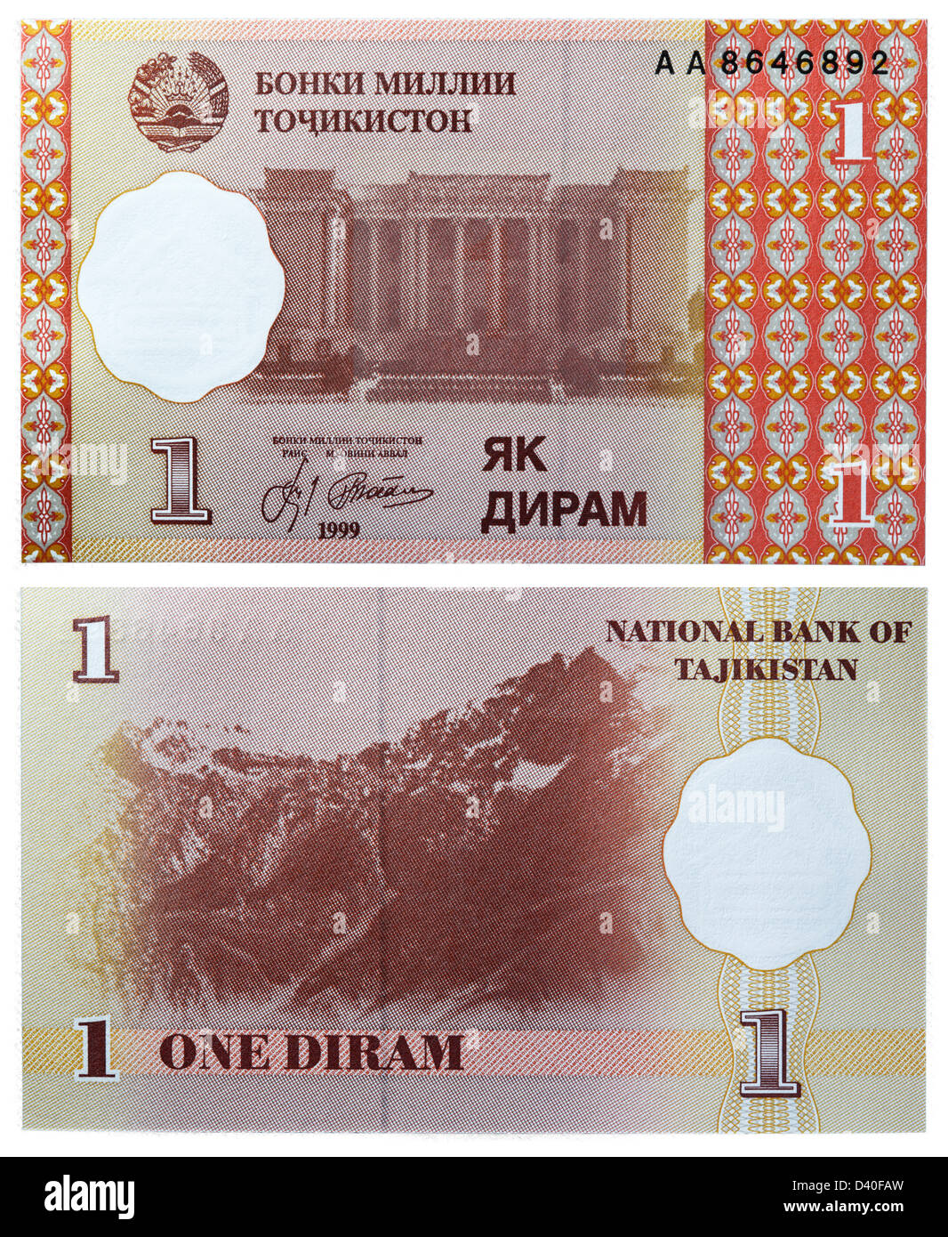1 Diram banknote, Sadriddin Ayni Theatre, Opera house and Pamir ...