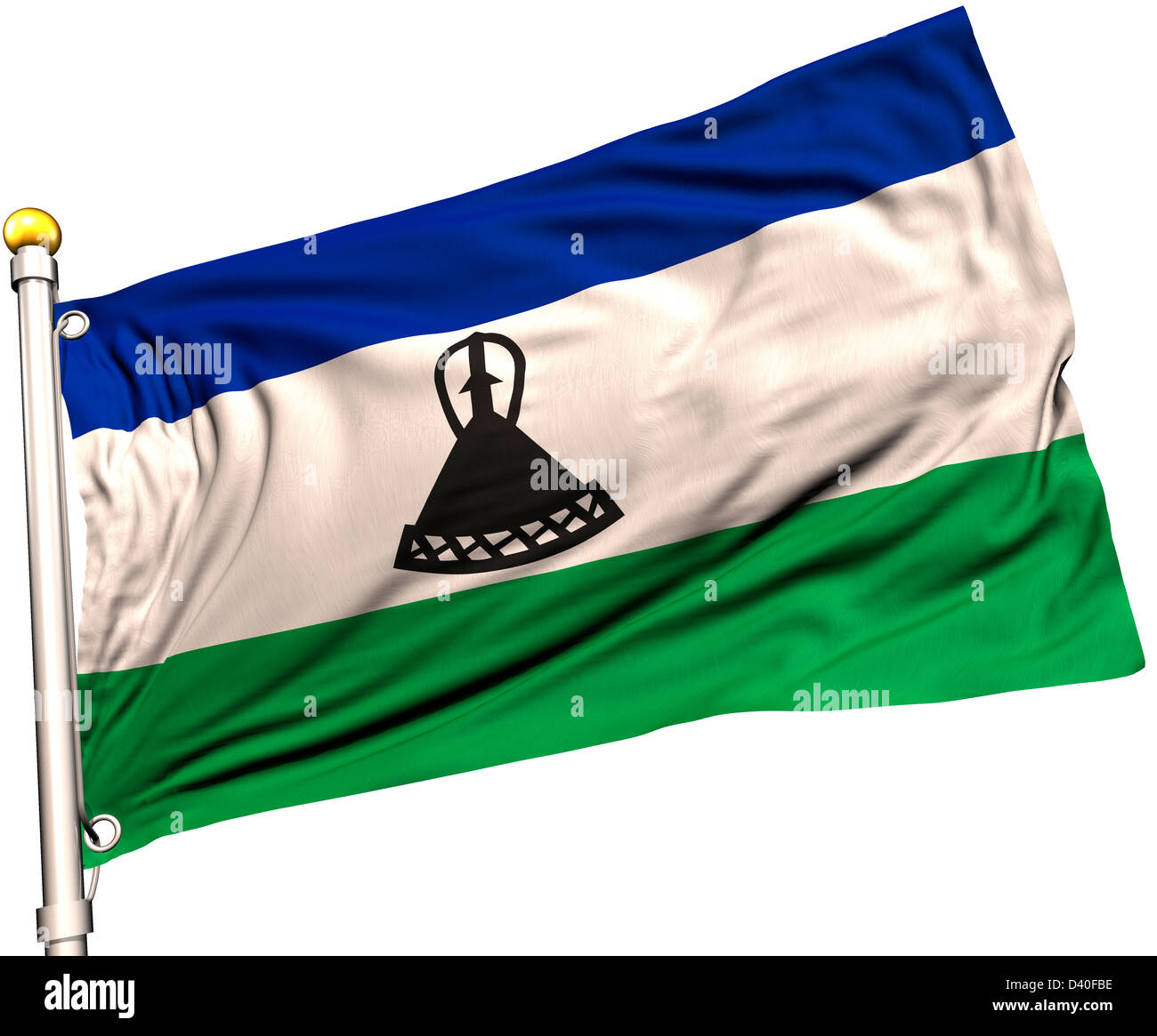Lesotho flag on a flag pole. Clipping path included. Silk texture ...