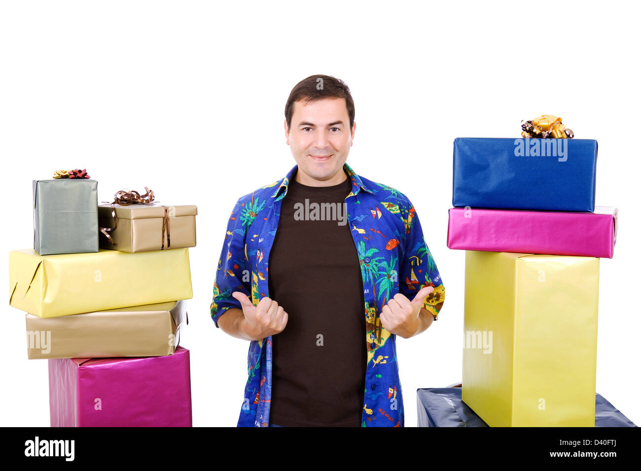 happy silly salesman with some boxes, isolated on white Stock Photo - Alamy