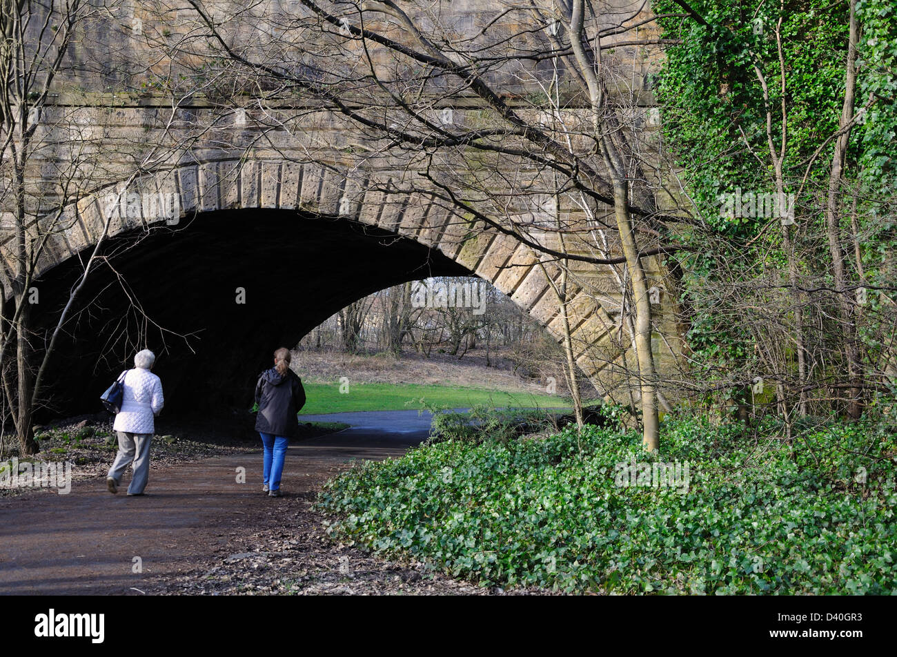 Two women walk under a bridge which carries the Forth and Clyde canal ...