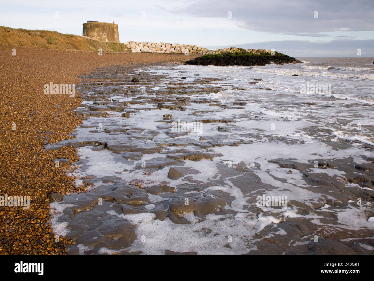 London Clay wave cut platform exposed at low tide on the beach at East ...