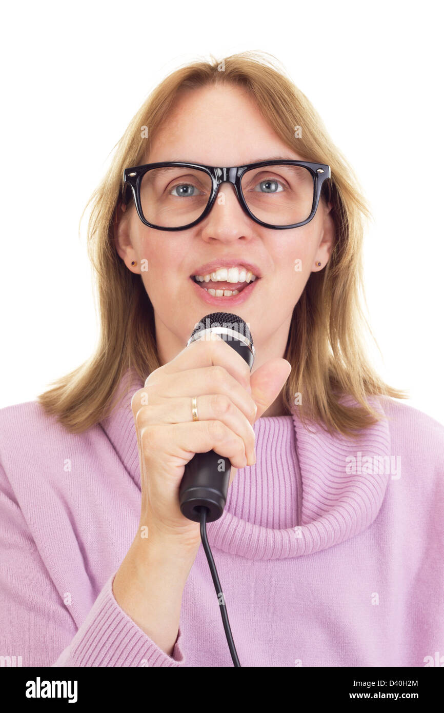 Beautiful woman with microphone Stock Photo - Alamy