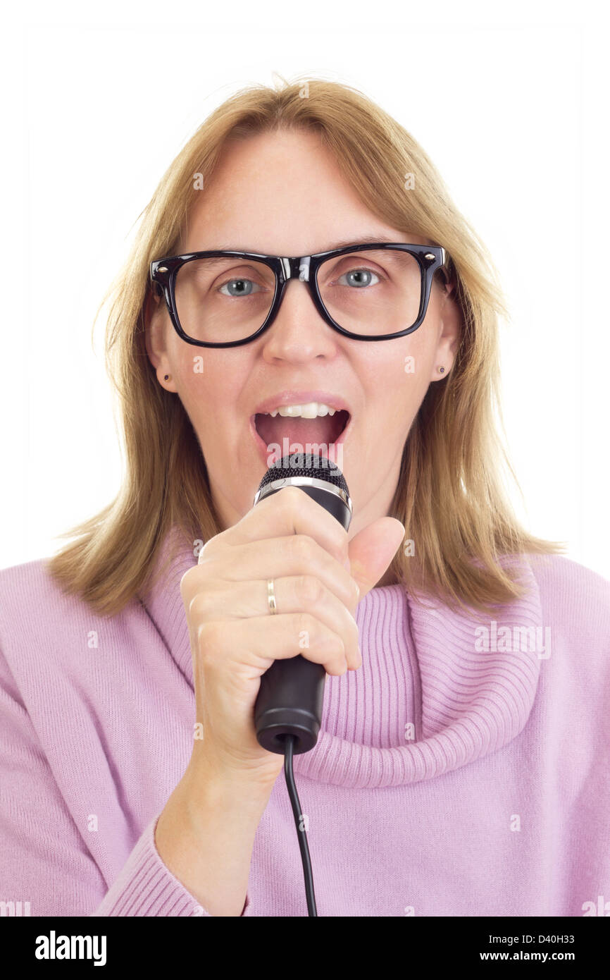 Beautiful woman with microphone Stock Photo - Alamy