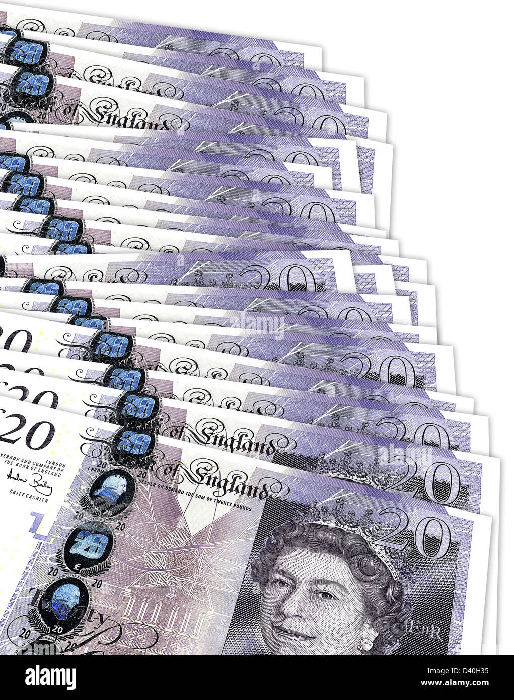 Twenty pound notes fanned out, overlaping one another, amounting to a ...
