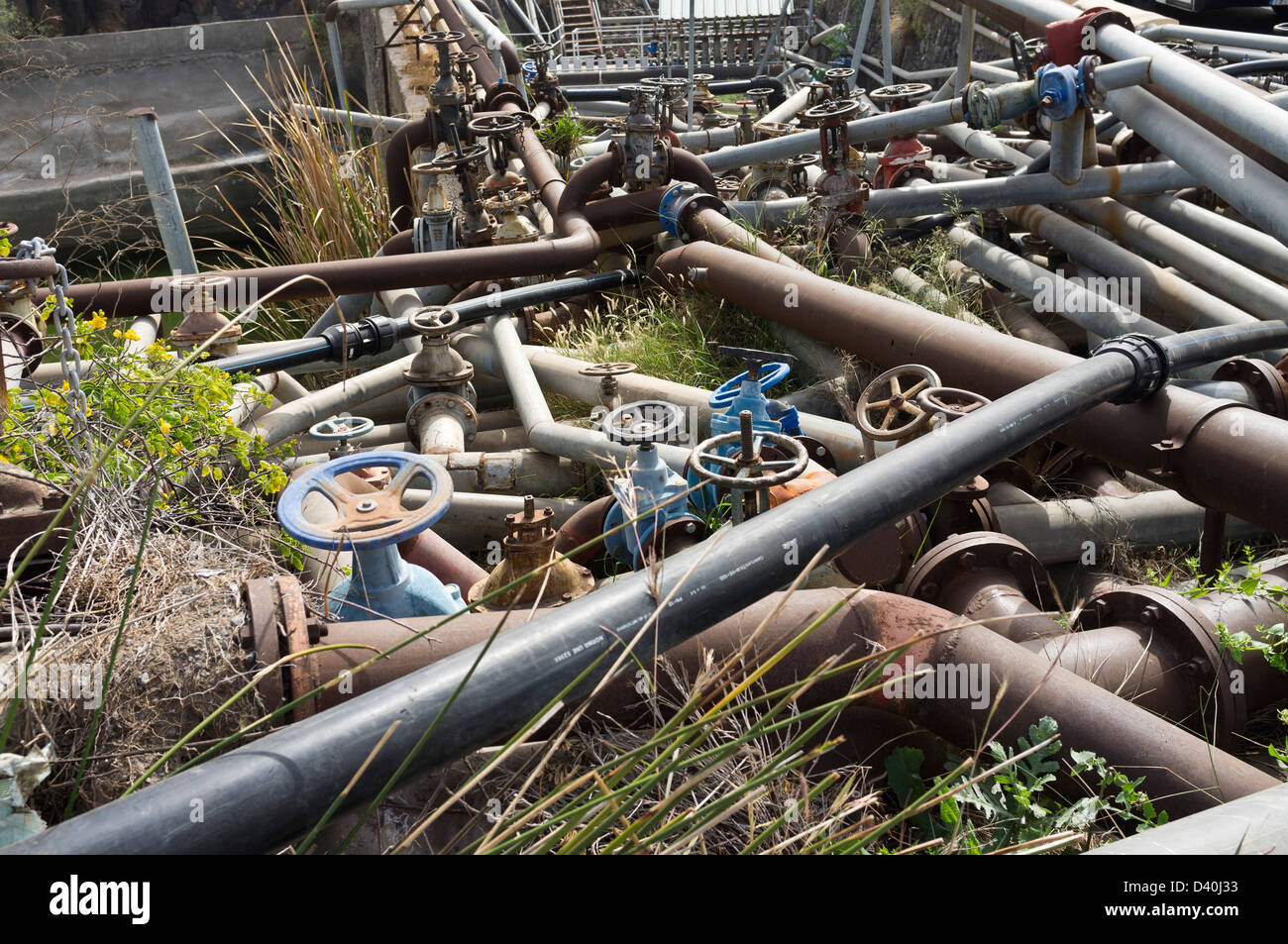 Water pipes and valves for directing irrigation to farms in the Adeje ...