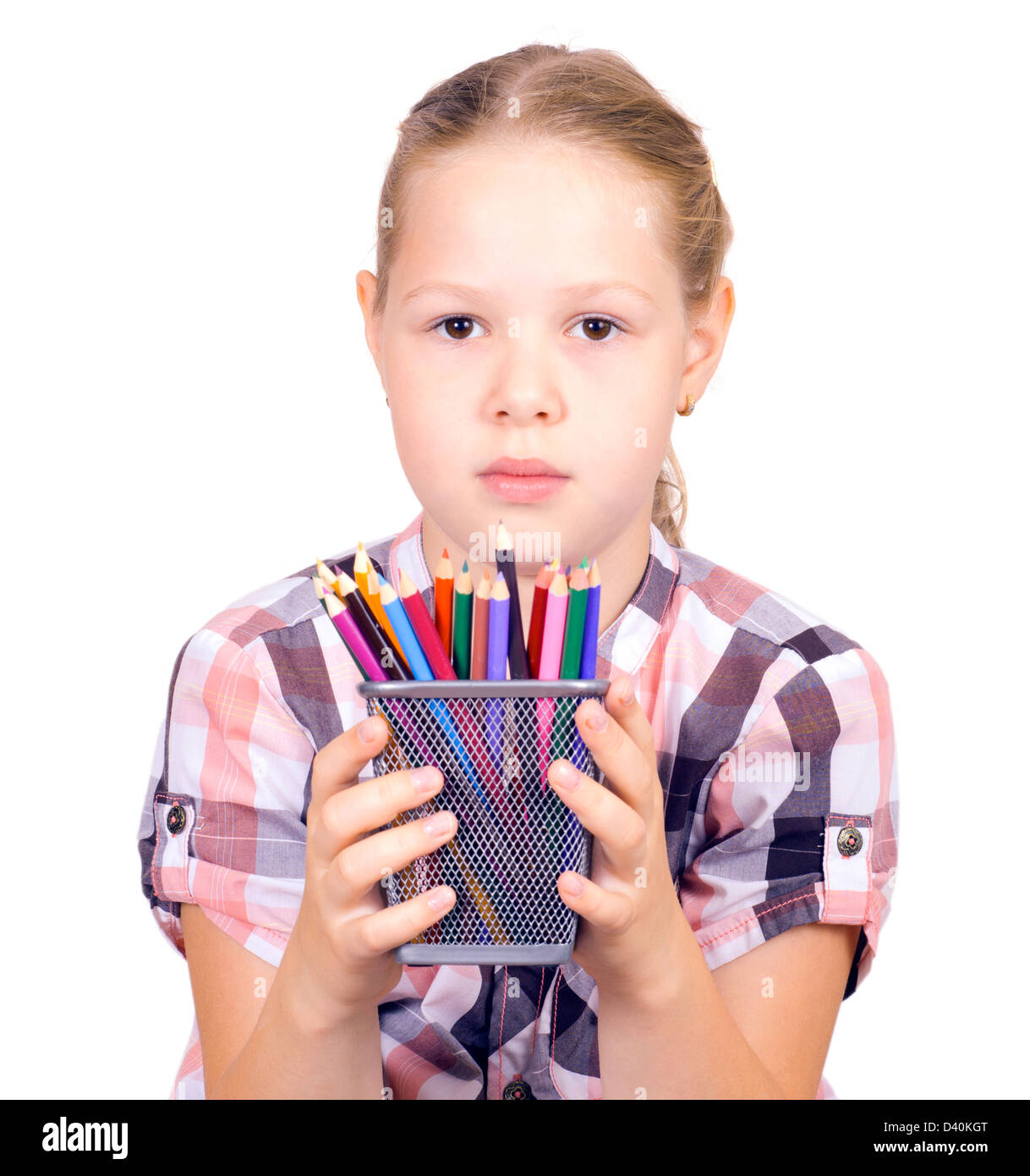 Girl with colored pencils on white background Stock Photo - Alamy