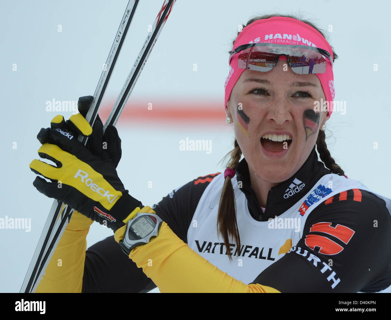Denise Herrmann reacts during the Women's 4 x 5 km Classic/Free Relay ...