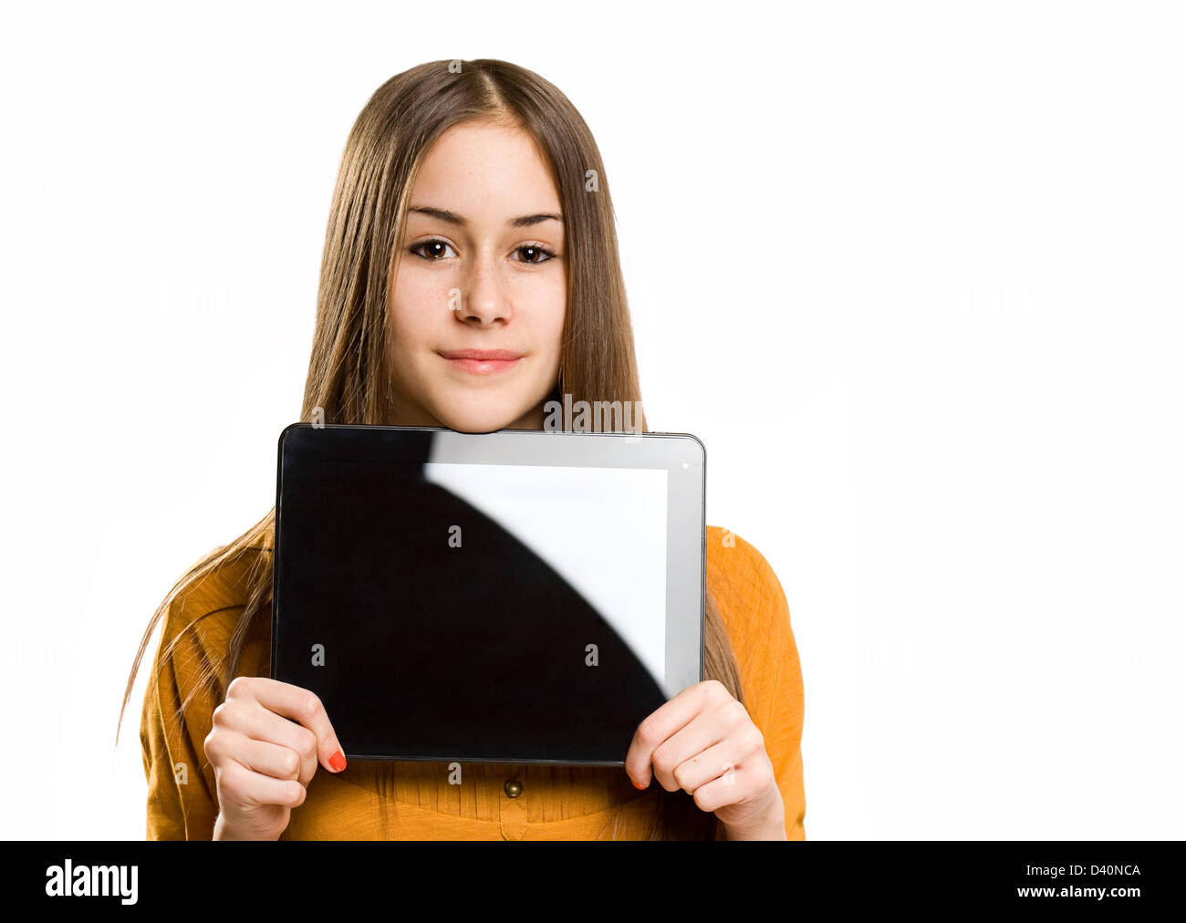 Portrait of a cute cool teen girl using tablet device Stock Photo - Alamy