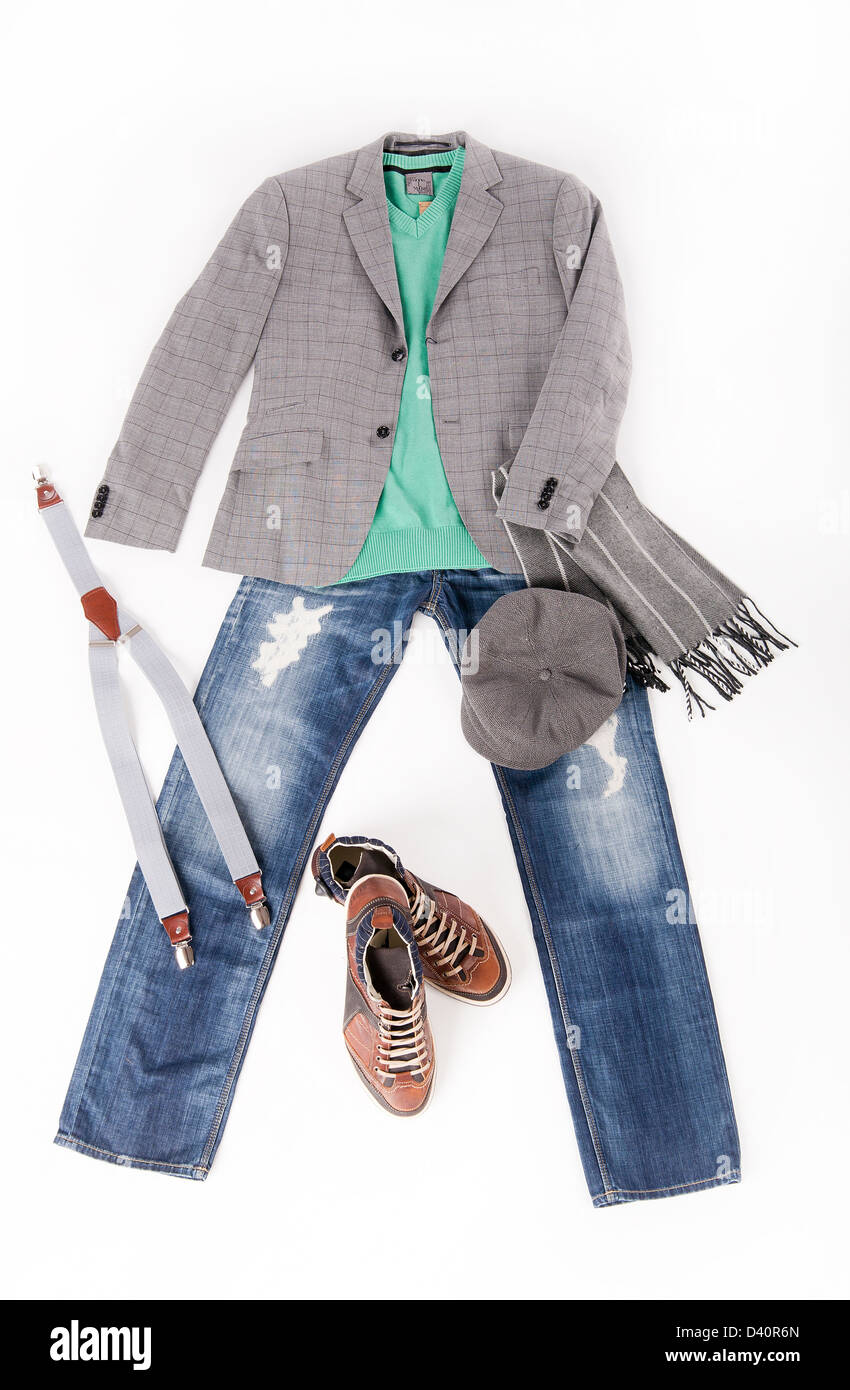 Colorful look for men, clothes in a plan isolated on white background ...