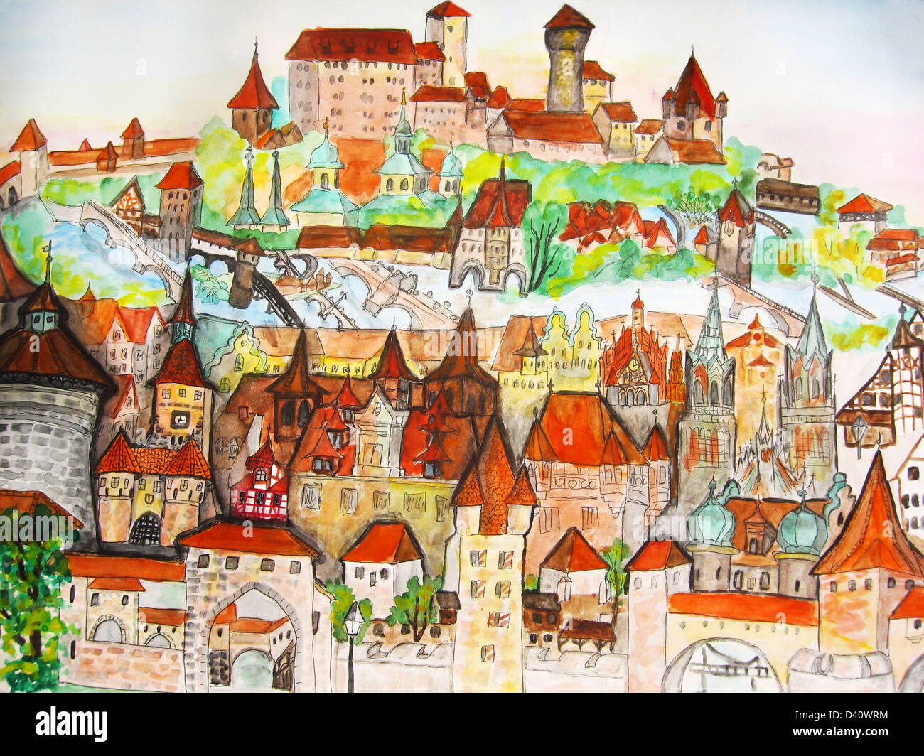 Hand drawn picture, watercolour painting, town Nuremberg in Germany ...