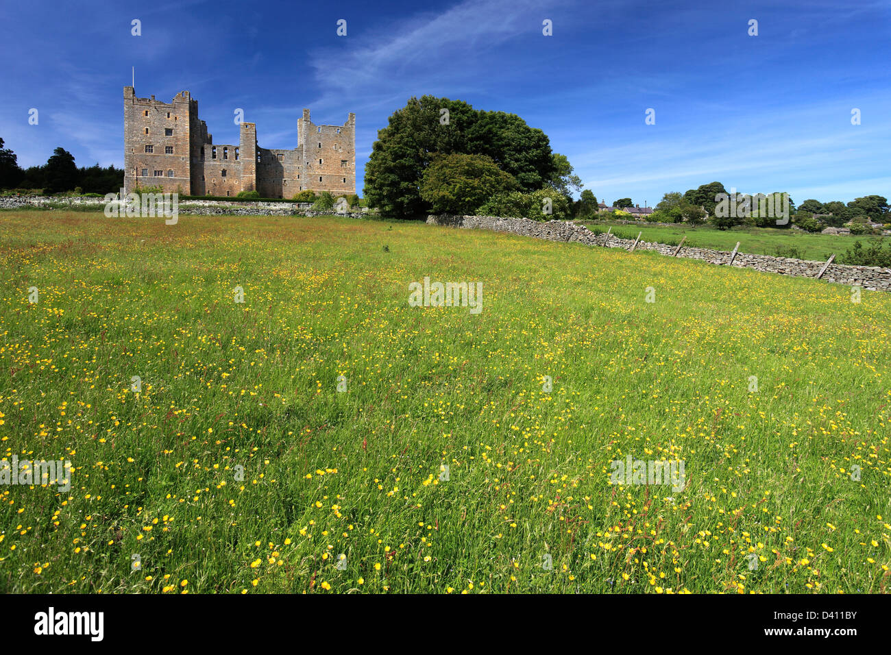 View over flower meadow, Castle Bolton Castle; Wensleydale; Yorkshire ...