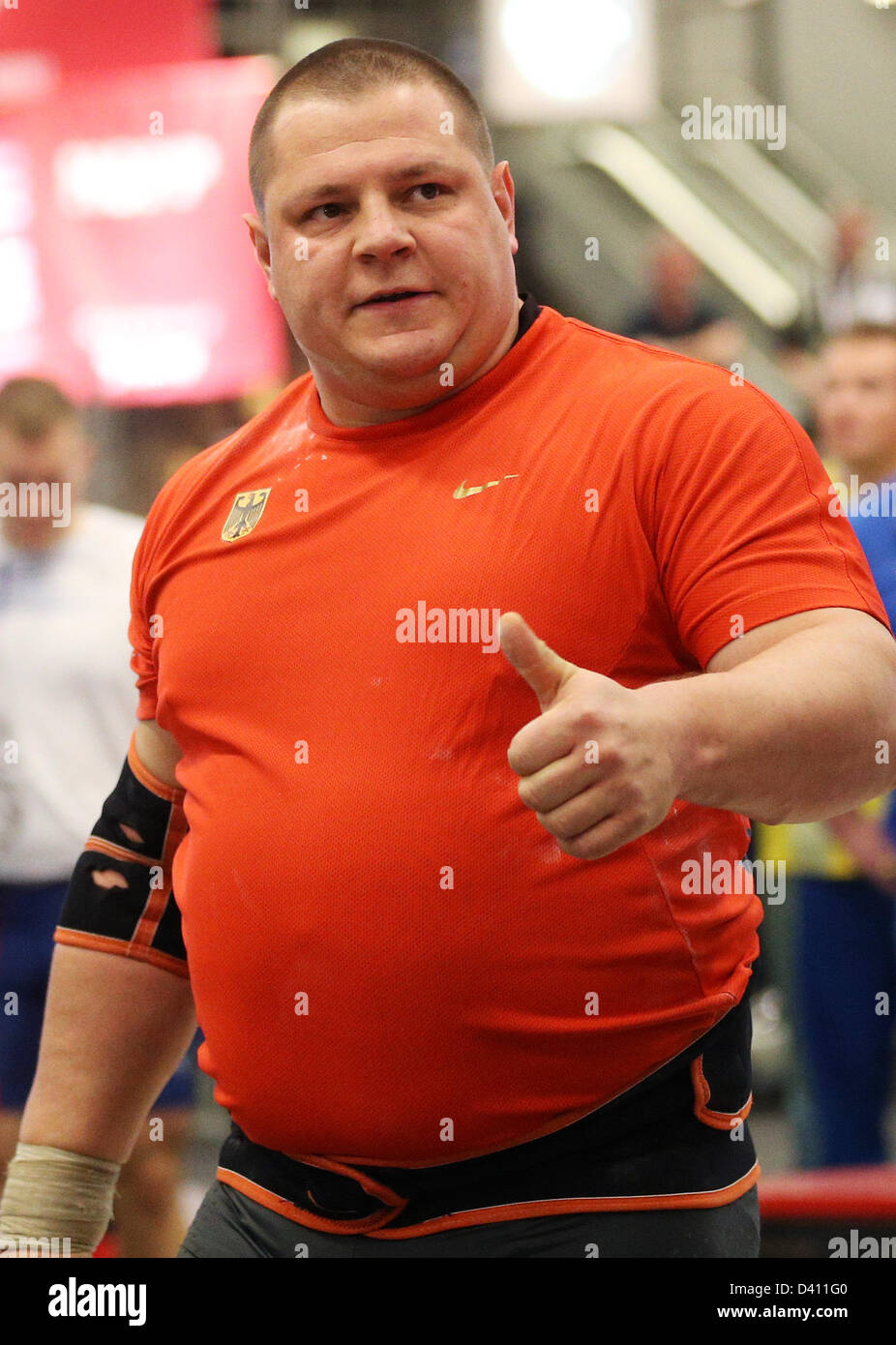 Germany's Ralf Bartels gives a thumbs up to his coach during warm-up in ...