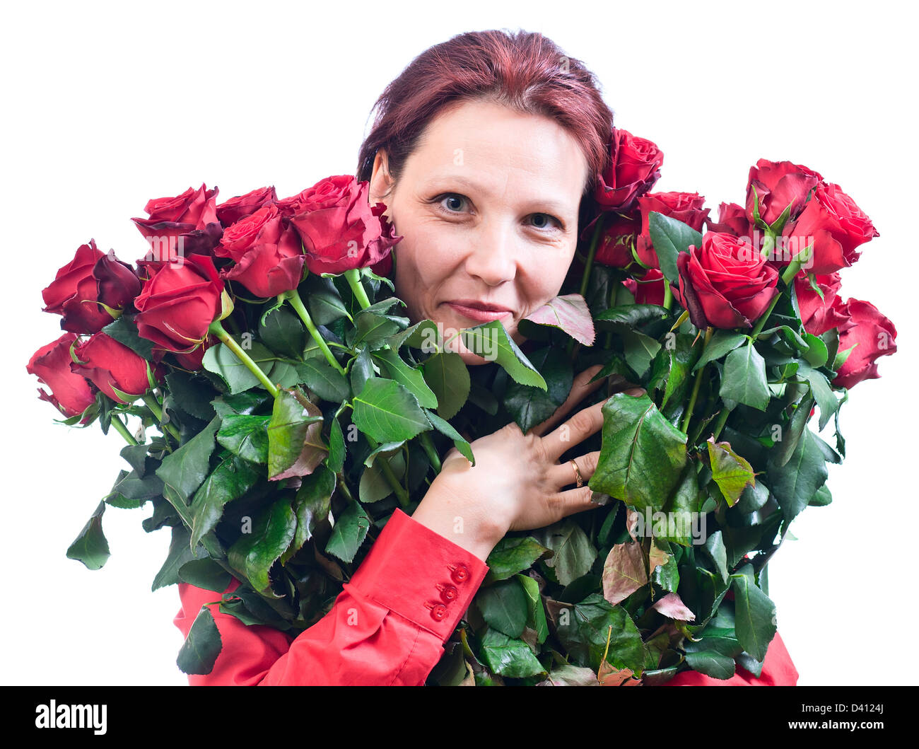 The woman of middle age with a bouquet of red roses Stock Photo - Alamy