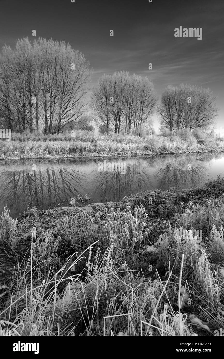 Hoare frost winter scene, river Welland, Peakirk village ...