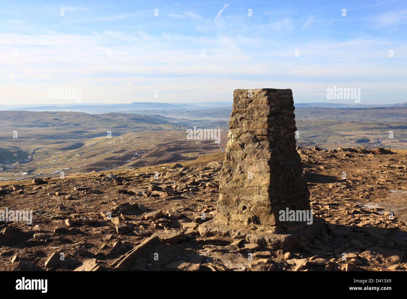 The trig point on the summit of Pen-y-ghent, one of the three peak ...