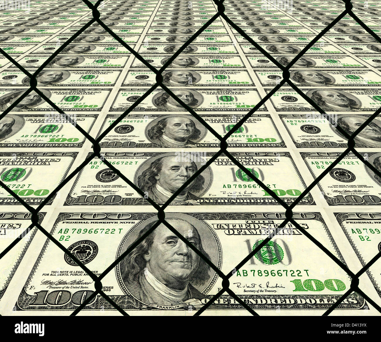 tiled $100 bills behind chain link fence Stock Photo - Alamy