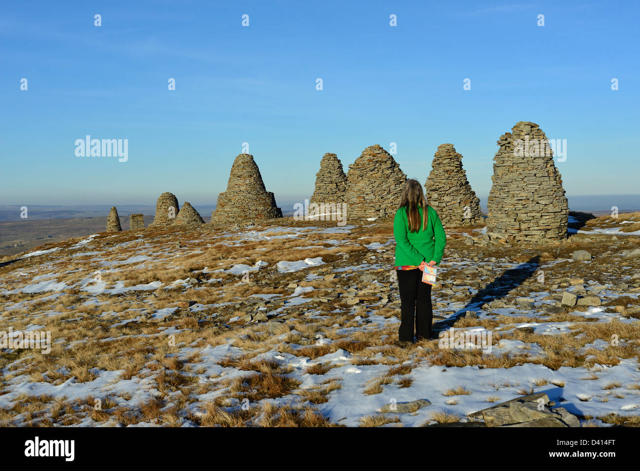 Walker with O.S. map at Nine Standards Rigg. Hartley Fell, Cumbria ...