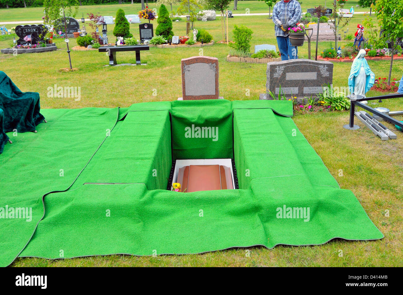 Funeral ending at cemetary gravesite with mourners and pallbearers ...