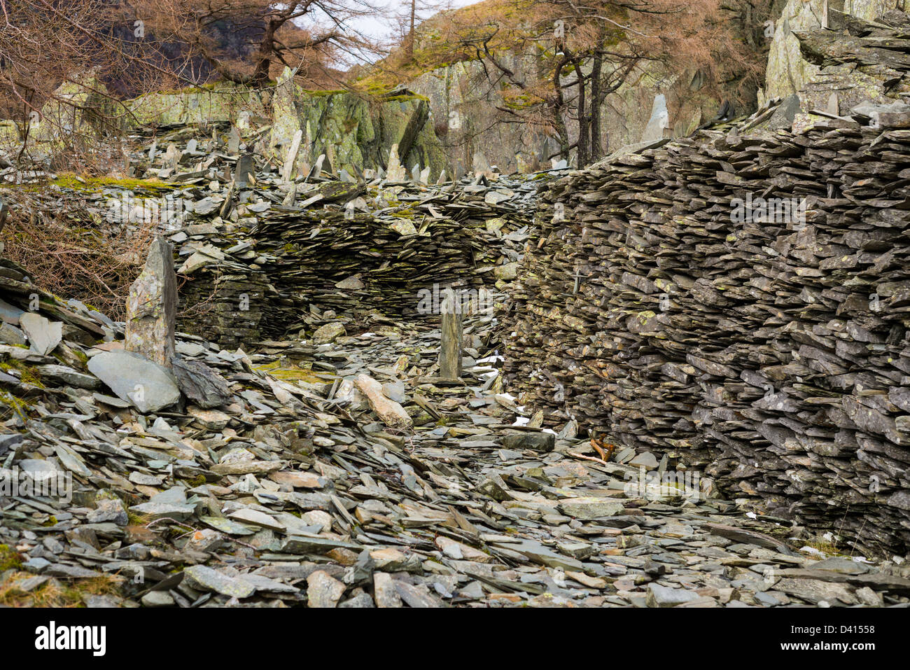 Slate formations at old slate quarry just below summit of Castle Crag ...