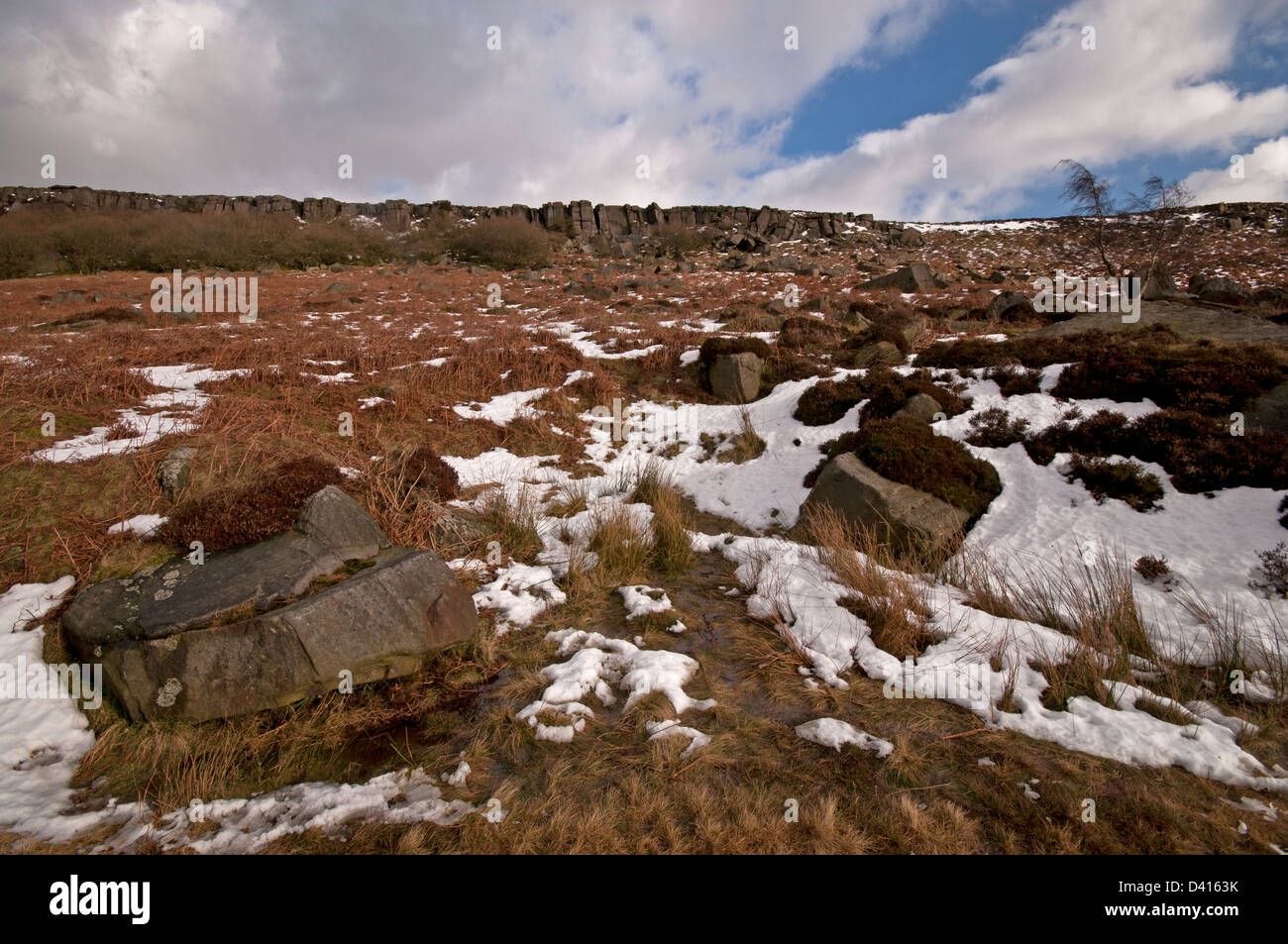 Burbage Rocks in the Peak District National Park with the remnants of ...