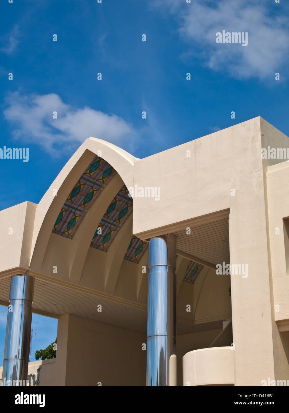 Pointed arch entrance hall of office building on blue sky Stock Photo ...