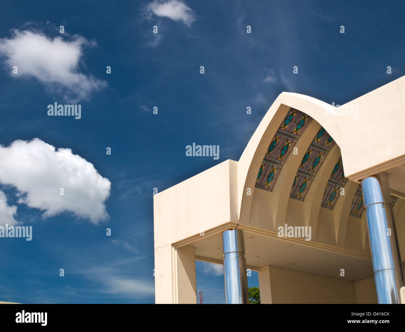 Pointed arch entrance hall of office building on blue sky Stock Photo ...