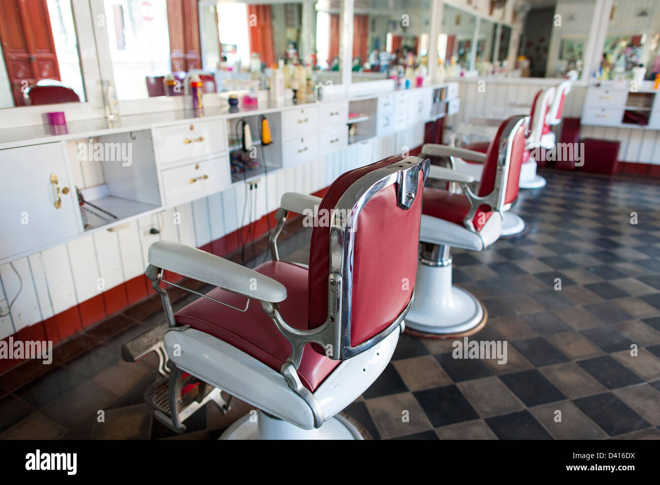 Empty barbers chairs in a salon or barber shop in Leon Nicaragua Stock ...