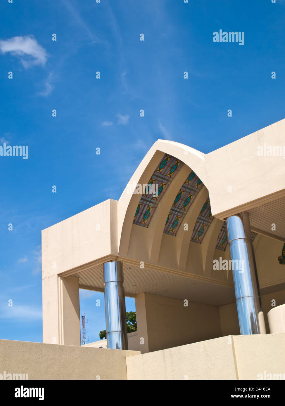Pointed arch entrance hall of office building on blue sky Stock Photo ...