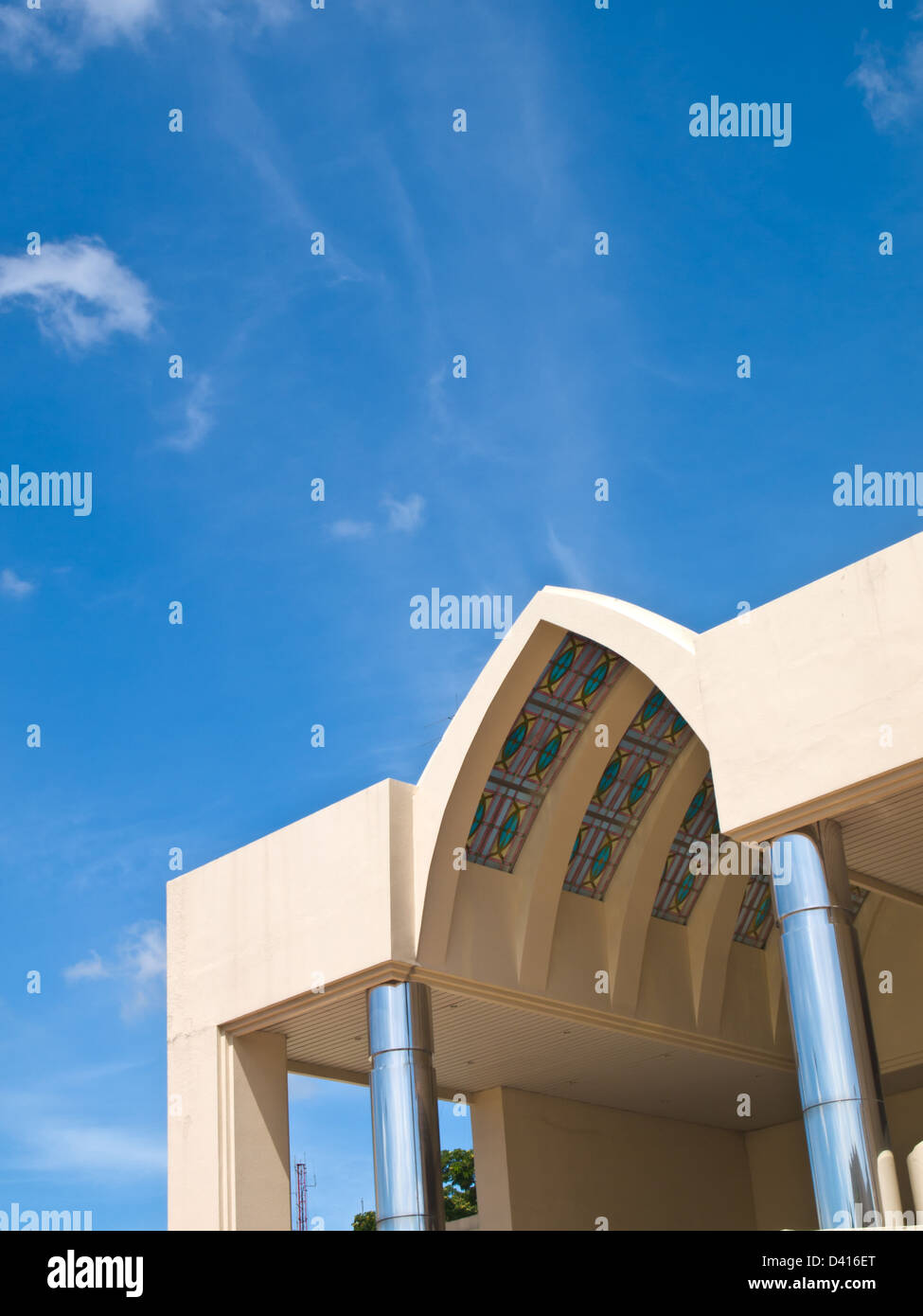 Pointed arch entrance hall of office building on blue sky Stock Photo ...
