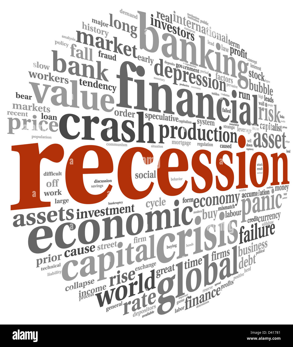 Recession and crisis concept in word tag cloud on white background ...