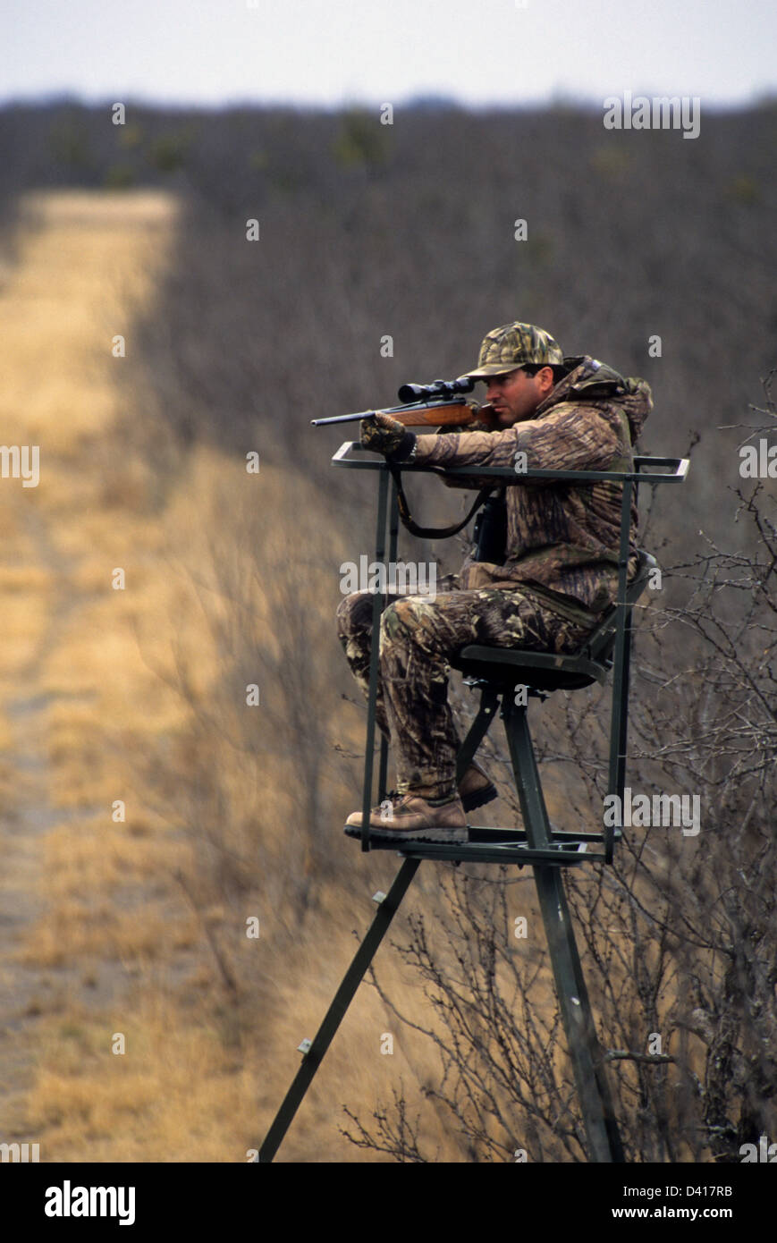 A South Texas deer hunter aims his rifle from tripod hunting blind ...